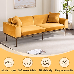 Merax 83” Mid Century Loveseat Sofa for Living Room,Velvet Small Couch Furniture with Two Pillows Metal Frame Love Seats, Mustard