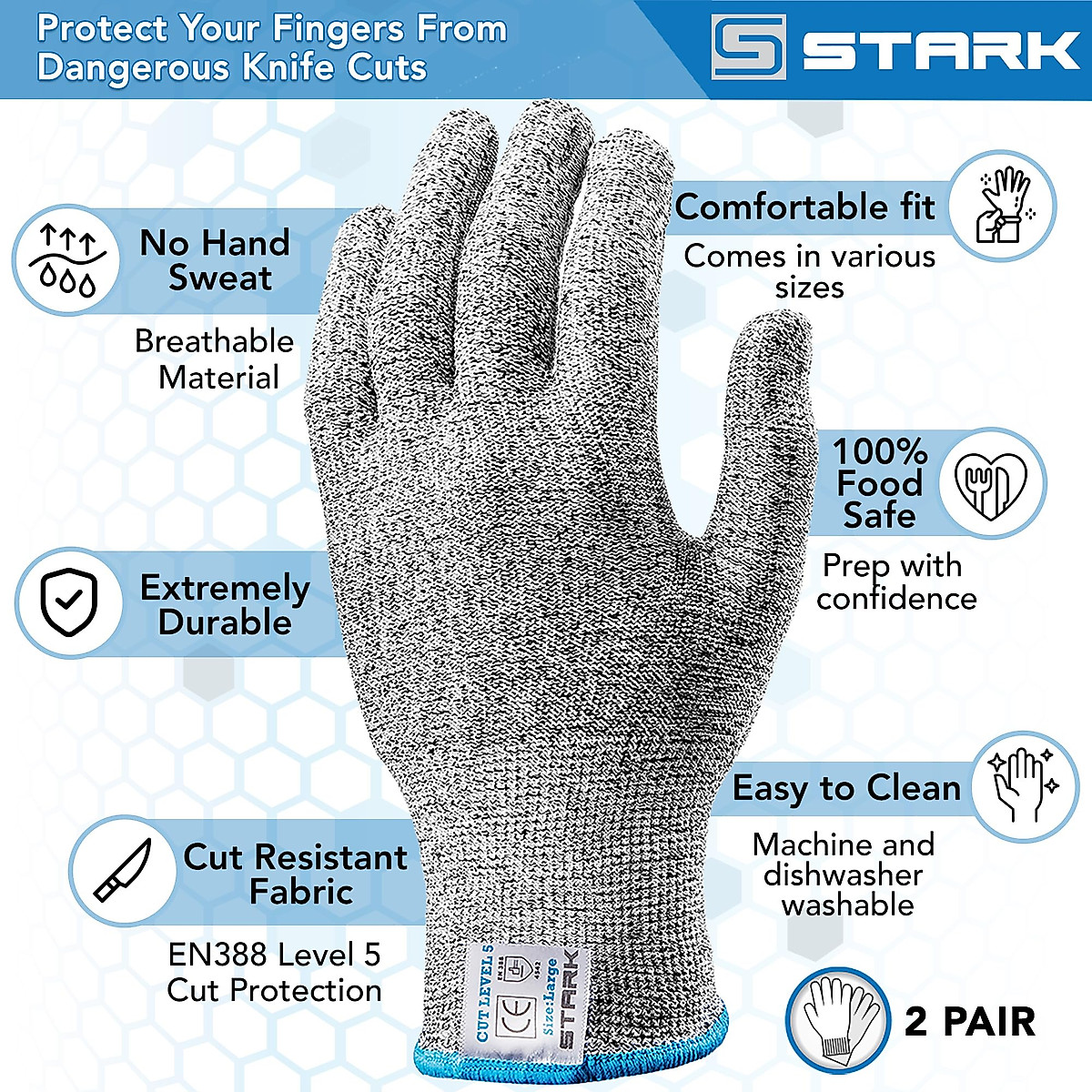 Stark Safe Cut Resistant Gloves, Level 5 Protection, Kitchen Cut Gloves for Meat, Shucking, Fillet, Mandolin Slicing, Carving, 2 Pair, Large