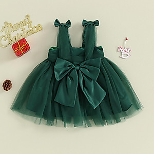 SHUING Infant Toddler Baby Girl Slip Dress Patchwork Tulle Christmas Outfit Elegant Bow Sleeveless Skirt Party Clothes (Green, 2-3 Years)