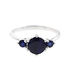 Three Stone Natural Blue Sapphire 7 MM Round Cut 925 Sterling Silver September Birthstone Cluster Unisex Proposal Ring Girlfriend Gift For Valentine Day (Rhodium Plated Silver, 6)