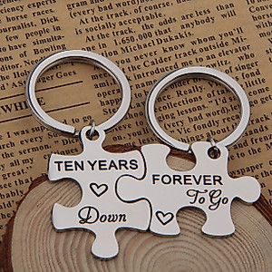 FEELMEM 10th Anniversary Present Ten Years Down Forever To Go Couples Puzzle Keychain Set 10 Years Anniversary Key Chain
