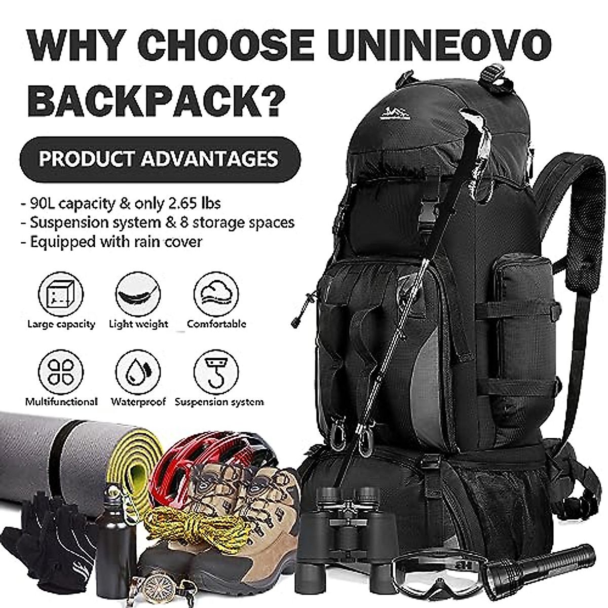 Unineovo 90L Large Capacity Outdoor Backpack for Women Men, Rainproof Camping Backpack with Rain Cover for Hiking, Camping and Traveling,Frameless (Black)