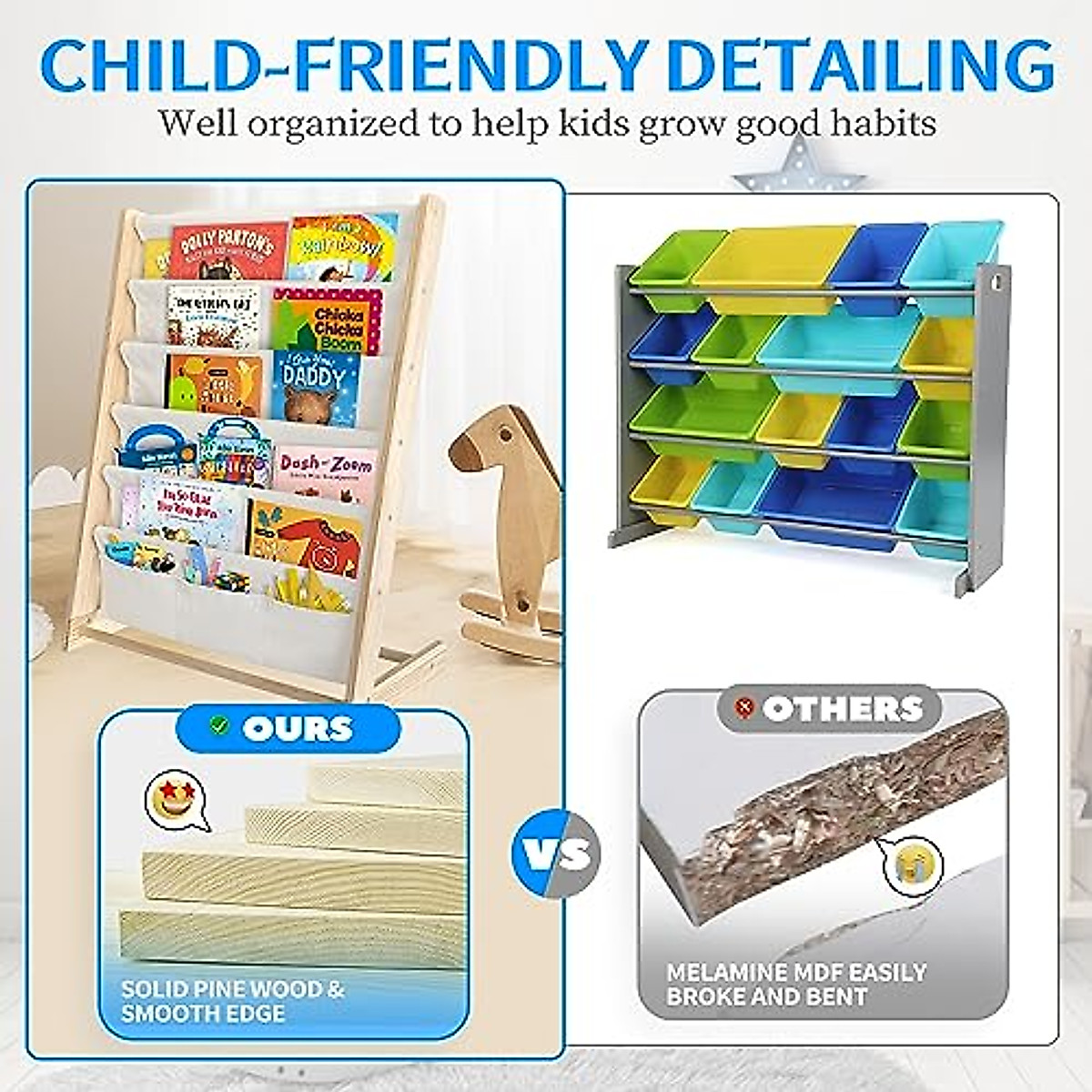 EXPERLAM Kids Book Shelf, 5-Tier Wood Kids Book Rack Storage Bookshelf, Kids Sling Bookshelf for Kids Room Toddler Baby Bedroom Living Room, Beige…