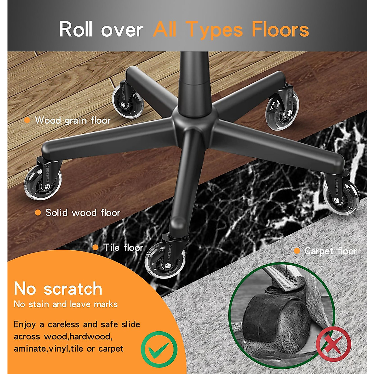 Office Chair Casters Wheels Replacement - 5 Set Rubber Chair Caster Heavy Duty Caster for Chair to Replace Rolling Chair Wheel Roller Blade Style Caster Non Scratch Safe for Hardwood Floors and Carpet