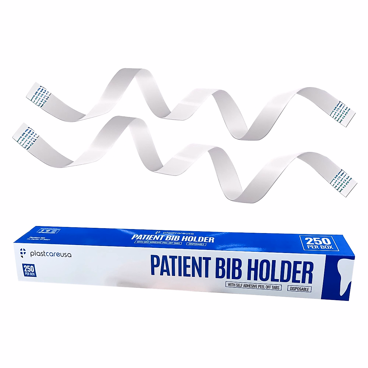 250 Disposable Bib Holders - Light Flexible Neck Holder Straps for Dental Bib, Drapes, Covers - Paper Napkin Holder with Easy-to-Peel Self-Adhesive Ends - Adjustable Size, White