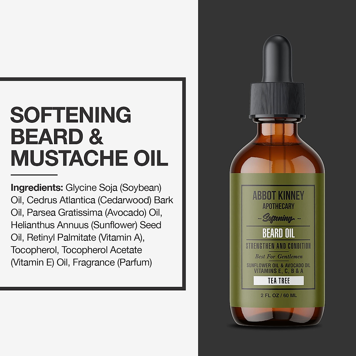 ABBOT KINNEY APOTHECARY Softening Beard Oil, Strengthens and Conditions Beards, Blend of Natural Oils, 2 oz (Tea Tree)