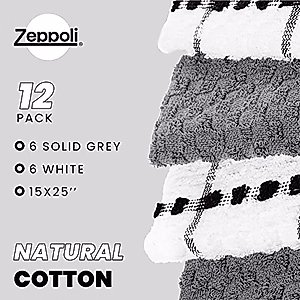 Zeppoli Classic Kitchen Towels - 12 Pack 100% Natural Cotton Kitchen Towel Set, Reusable Wash Cloths, Absorbent Dish Towels, Machine Washable Hand Towels, Kitchen Essentials - 15” by 25” - Gray