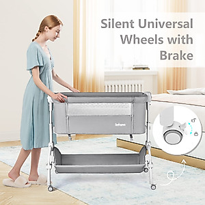 INFANS 3 in 1 Baby Bassinet, Bedside Sleeper, Rocking Cradle, Easy Folding Portable Safer Co-Sleeping Crib with Height Angle Adjustable, Wheels Storage Basket Travel Bag for Infant Newborn (Gray)