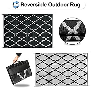 OutdoorLines Outdoor Plastic Area Rugs for Patio 4x6 ft - Reversible Outside Carpet, Stain & UV Resistant RV Mats, Straw Rug for Camping, Deck Garden, Porch and Balcony, Moroccan Black & Light Grey