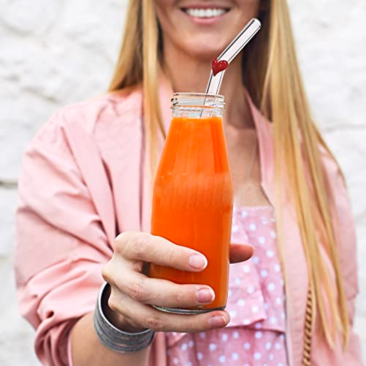 6 Pcs Glass Straws Shatter Resistant,Red Heart Glass Straws With Design 7.9in X 8mm Reusable Bent Drinking Straws with 2 Cleaning Brushes Valentine's Day Decoration for Beverages,Cocktails