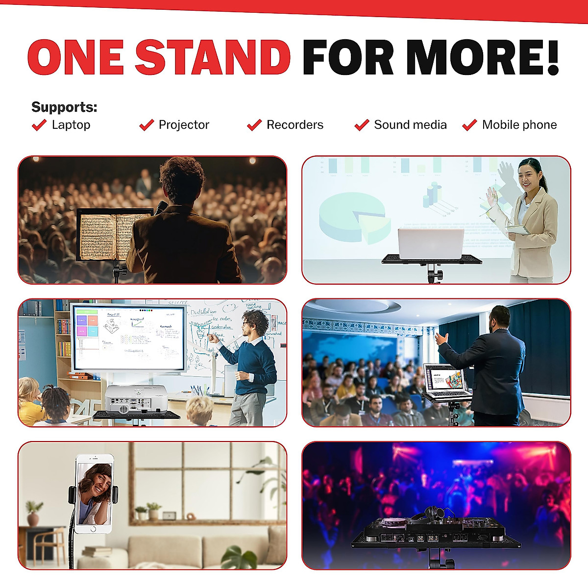 WTC Projector Stand, Laptop Tripod Stand Adjustable Height 22.5 inch to 63 inch with Gooseneck Phone Holder with Mouse Tray, Portable Projector Stand Tripod for Outdoor Movies- DJ Racks Holder Mount