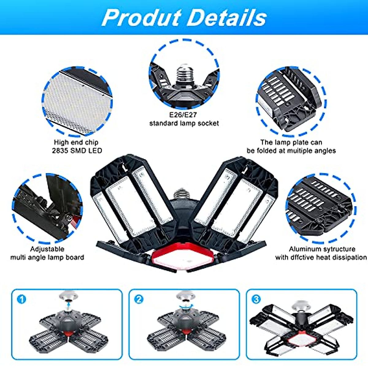 LED Garage Lights, 180W 18000 LM Deformable LED Garage Ceiling Lights with 12 Adjustable Panels, E26 E27 LED Shop Lights for Garage, Basement, Barn, Workshop, 6500K LED Bay Light