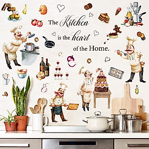 Chefs Peel and Stick Wall Decals Italian Fat Chefs Wall Stickers Cooking Wall Sticker Wine Cake for Kitchen Restaurant Dining Room Home Wall Decoration, 6 Sheets