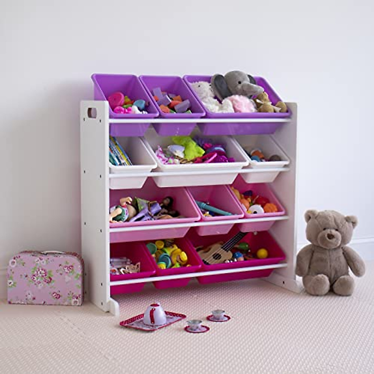 Humble Crew Kids' Toy Storage Organizer with 12 Plastic Bins, Pink&Purple, White/Purple/Pink