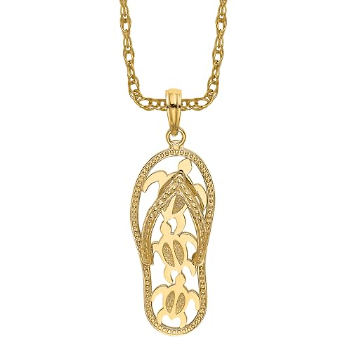 14K Yellow Gold Triple Sea Turtle Hawaiian Flip Flop Necklace Beach Sandals Pendant Ocean Vacation Charm 37mm x 11.5mm Only