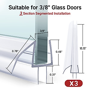 AmazerBath Shower Door Bottom Seal, 3 Section Segmented Installation Frameless Glass Shower Door Seal Strip - Suitable for 3/8 Inch Glass, 47.25 Inch(15.75 Inch * 3)