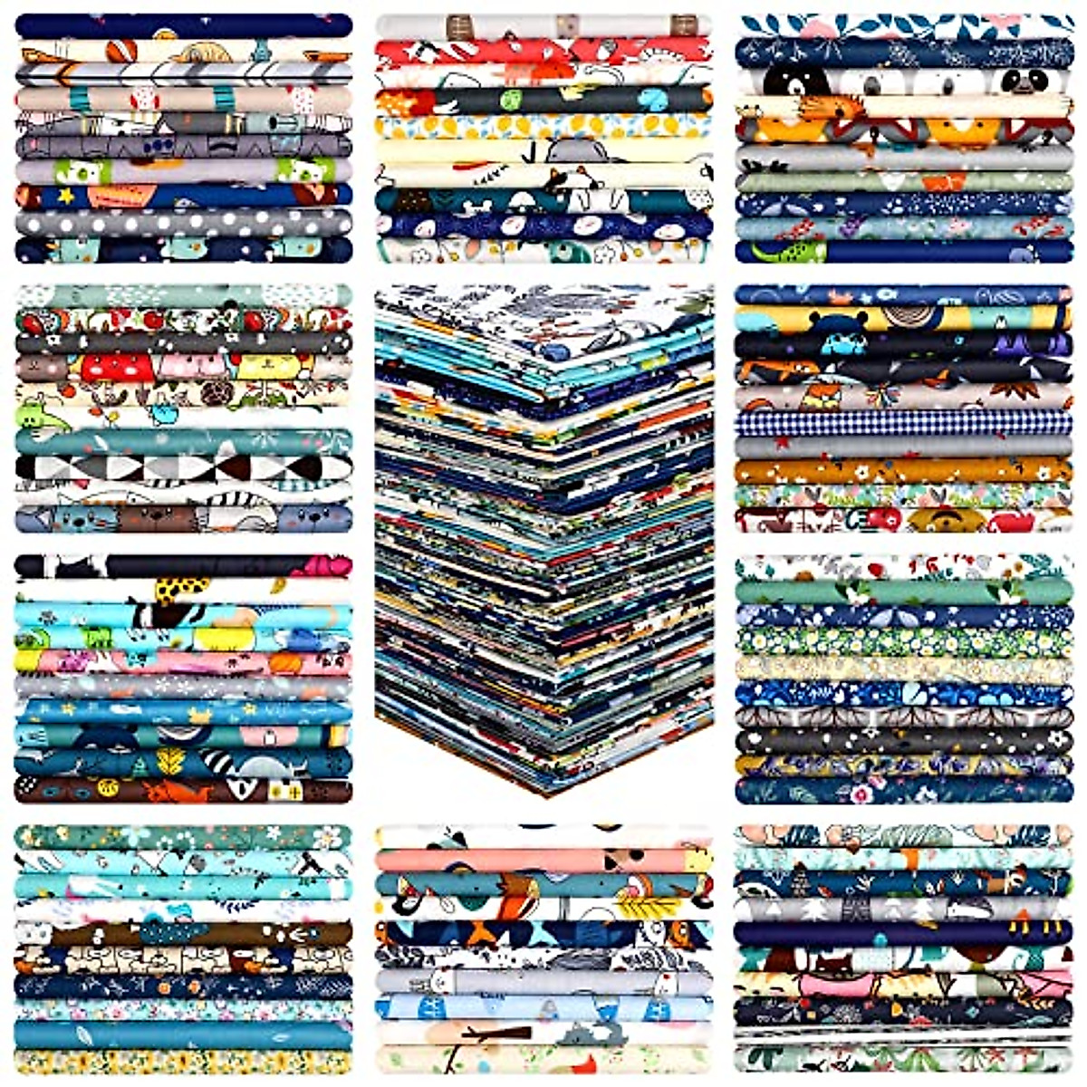 100 Pcs Cotton Fabric Square Patchwork Craft Fabric Scraps Quilting Fat Bundles Flower Animals Cartoon for DIY Sewing Cloths (Cute, 10 Inch)