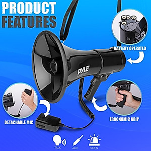 Pyle Megaphone Speaker PA Bullhorn with Built-in Siren 50 Watts & Adjustable Volume Ideal for Football, Baseball, Hockey, Cheerleading Fans & Coaches or for Safety Drills - PMP53IN, Black