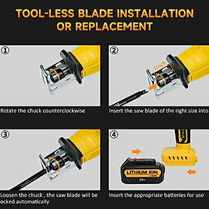 Cordless Reciprocating Saw for DeWalt 20V MAX Battery, 0-3000 SPM Variable Speed Trigger, Tool-free Blade Change, Power Recipro Saw with 4 Saw Blades for Wood & Metal, Trees, PVC Cutting（No Battery）