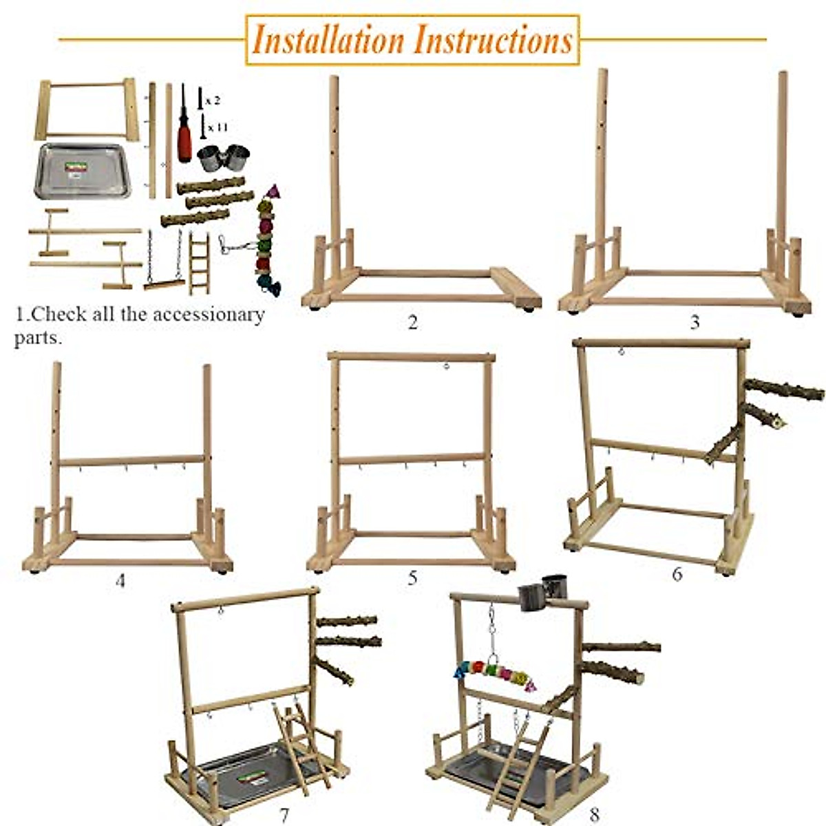 kathson Bird Playground Parrot Perch Stand Toys, Birds Wood Play Gym Activity Center Exercise Playpen Ladder Swing with Feeder Cups Chewing Toy(Include a Tray)