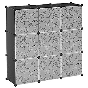 BASTUO Cube Storage Organizer, 9 DIY Plastic Closet Organizer Cabinet, Modular Bookcase Storage Shelves, Cube Organizer with Doors for Office, Livingroom, Black