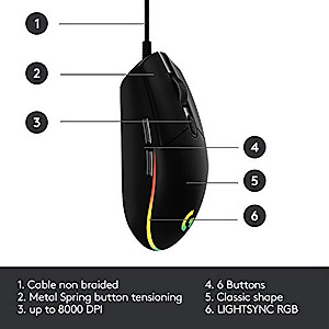 Logitech G102 Light Sync Gaming Wired Mouse with Customizable RGB Lighting, 6 Programmable Buttons, Gaming Grade Sensor, 8 k dpi Tracking,16.8mn Color, Light Weight (Black) (910-005802)