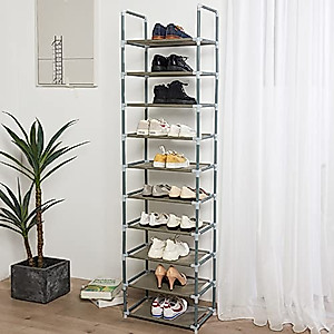 FORUP 10 Tiers Stackable Shoe Rack, Adjustable Shoe Storage Organizer Shelf, Non-Woven Fabric Shoe Tower Shelf (Grey)