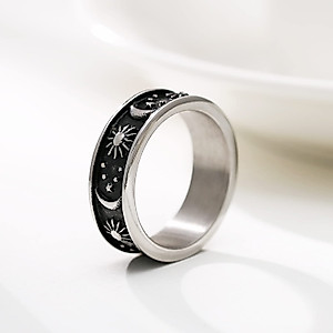 HZMAN 8mm Moon Star Sun Statement Ring Stainless Steel Boho Jewelry for Women Men (Silver, 7)
