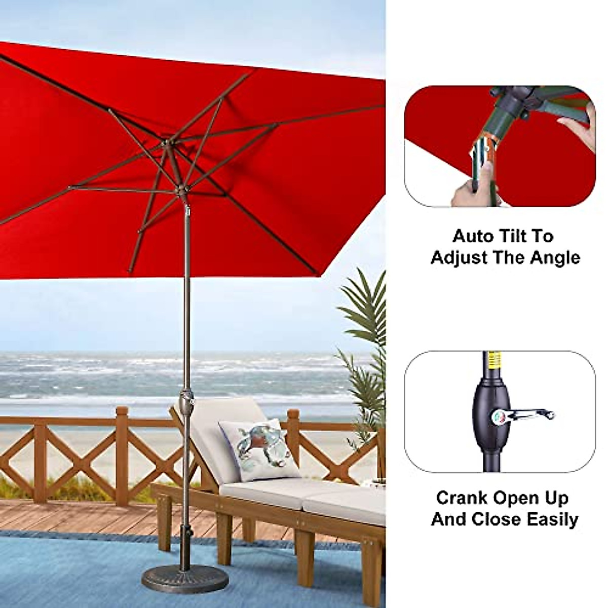 Aok Garden Rectangle Patio Umbrella 6.5x10ft, Outdoor Market Table Umbrella Aluminum Pole with Tilt and Crank 6 Sturdy Ribs for Deck Lawn Pool, Wine Red