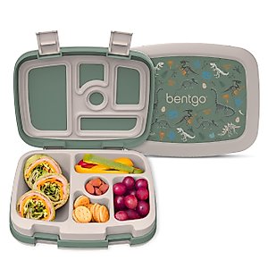Bentgo Kids Prints Leak-Proof, 5-Compartment Bento-Style Kids Lunch Box - Ideal Portion Sizes for Ages 3-7, Durable, Drop-Proof, Dishwasher Safe, & Made with BPA-Free Materials (Dino Fossils)