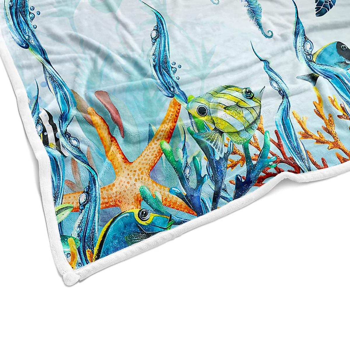 Turtle Blanket Sea Animal Starfish Throw Blanket Kids Blankets Throws Sea Turtle Gifts for Women Boys Girls Aqua Teal Blue Super Soft Cozy Flannel Throw Blanket for Couch Sofa Bed 50"x 60"