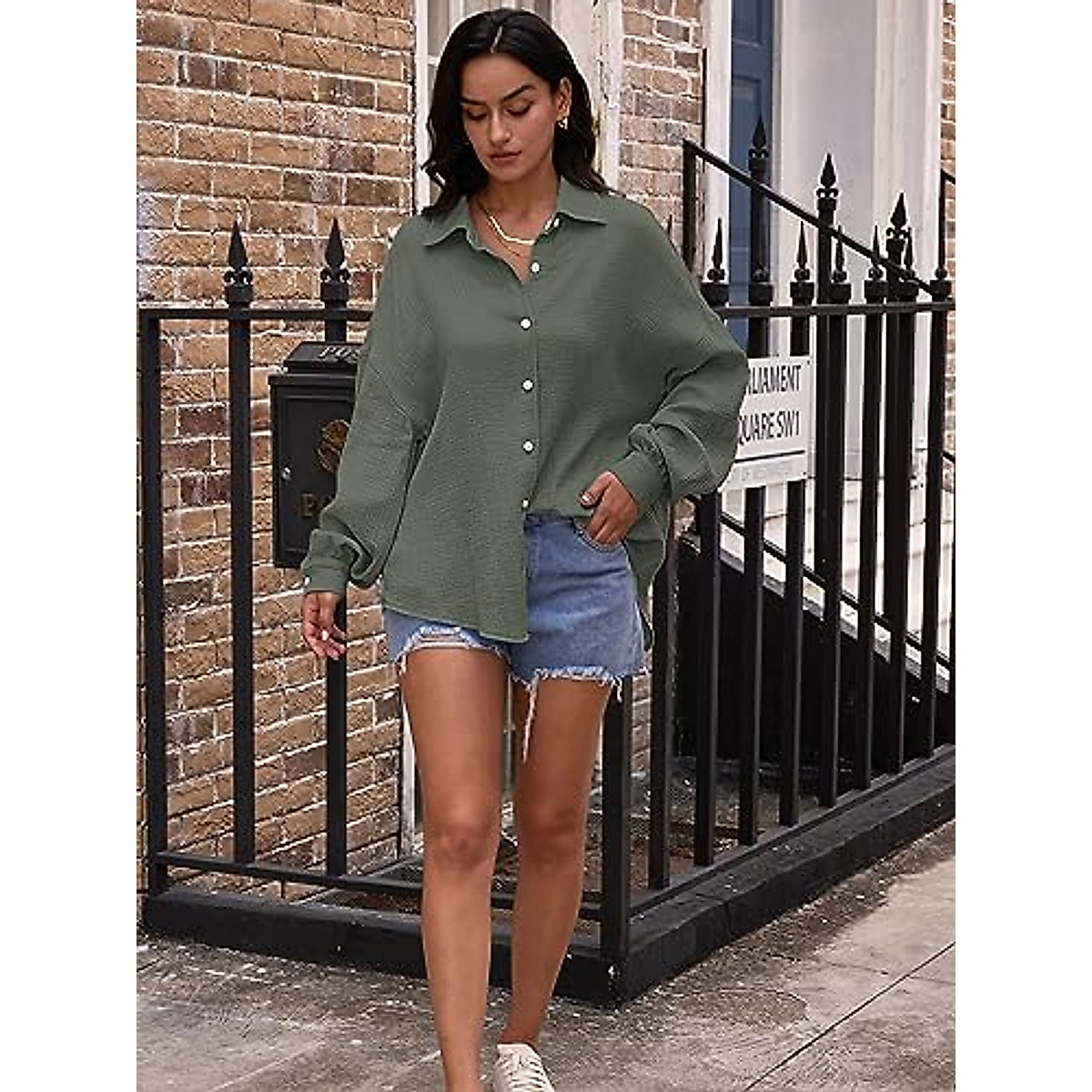 AUTOMET Womens Button Down Shirts Fall Shirts 2023 Shacket Jacket Long Sleeve Oversized Maternity Fashion Teacher Outfits Button Up Work Casual Blouses Tunics Tops Army Green