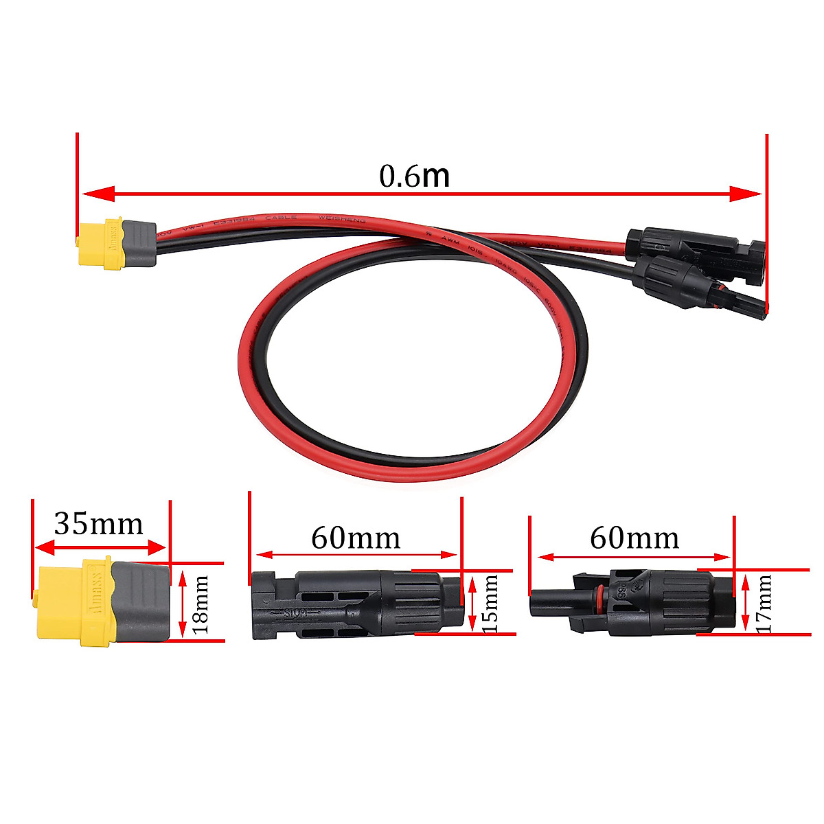 HCFeng XT60 to M-C-4 Solar Charge Adapter Cable,12AWG Power Solar Male Female Connector to XT60 Adapter Extension Cable for Battery Pack, Portable Power Station, Solar Generator[0.6M/2FT]