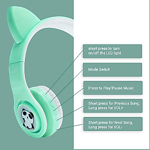 Woice Kids Bluetooth Headphones, Cat Ear LED Light Wireless Foldable Headphones Over Ear with Mic, Music Sharing Function and 0-85dB /110dB Limited for iPhone/iPad/Smartphones/Laptop/PC(Mint)