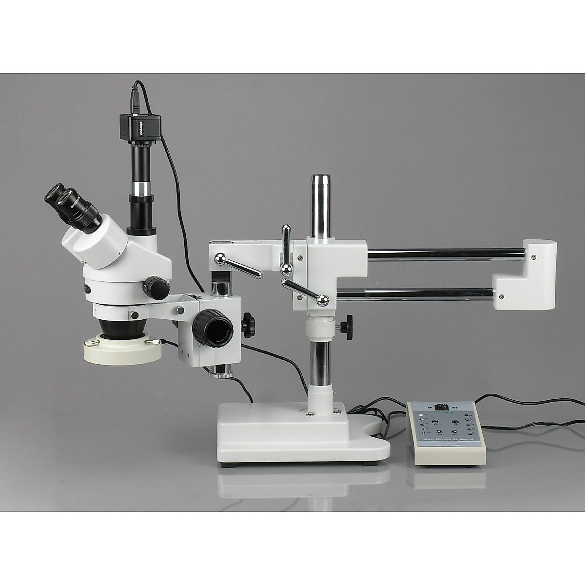 AmScope SM-4TZ-80AM-5M Digital Professional Trinocular Stereo Zoom Microscope, WH10x Eyepieces, 3.5X-90X Magnification, 0.7X-4.5X Zoom Objective, Eight-Zone LED Ring Light, Double-Arm Boom Stand, 110V-240V, Includes 0.5X and 2.0X Barlow Lenses and 5MP Cam
