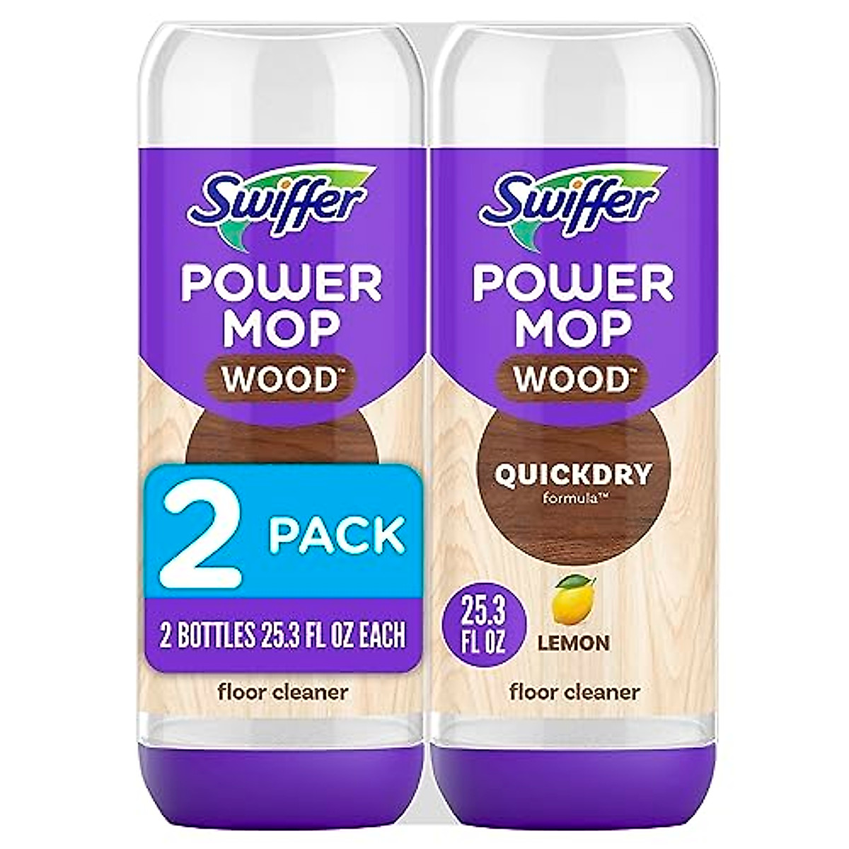 Swiffer PowerMop Wood QuickDry Wood Floor Cleaning Solution with Lemon Scent, 25.3 fl oz, 2 pack