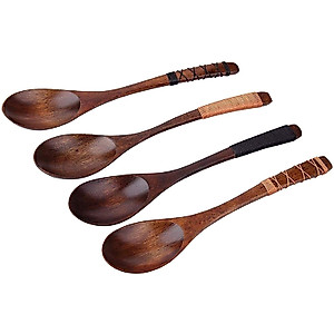 4pc-Handmade Japanese Style Wooden Soup Spoons with Tied Line on Handle
