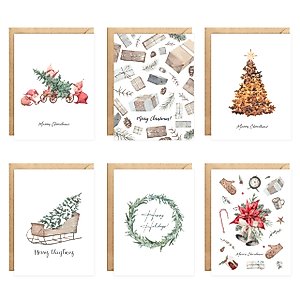 easykart labels 24 Christmas Cards Assortment with Envelopes & Sealing Stickers, Christmas Boho Theme 6 Designs, 5.75" x 4.25" For Friends, Family and loved Ones