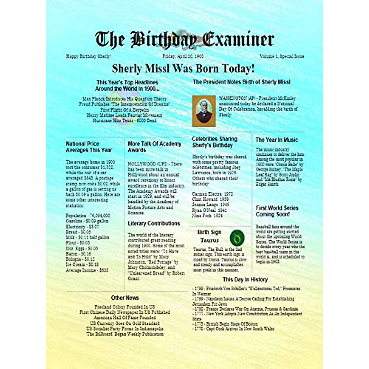 Historical Customized Personal Birthday Examiner Newspaper Chronical Art Print for the Day You Were Born from 1900 to 2020 (Heavenly Light)