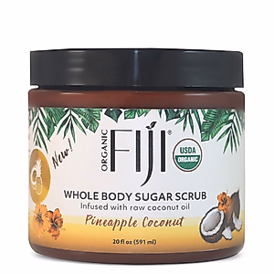 Organic Fiji Whole Body Scrub - Infused with Coconut Oil, Exfoliating Sugar Scrub for Smooth and Soft Skin, Exfoliates & Restores Skin's Natural Biosphere, Pineapple Coconut 20 oz