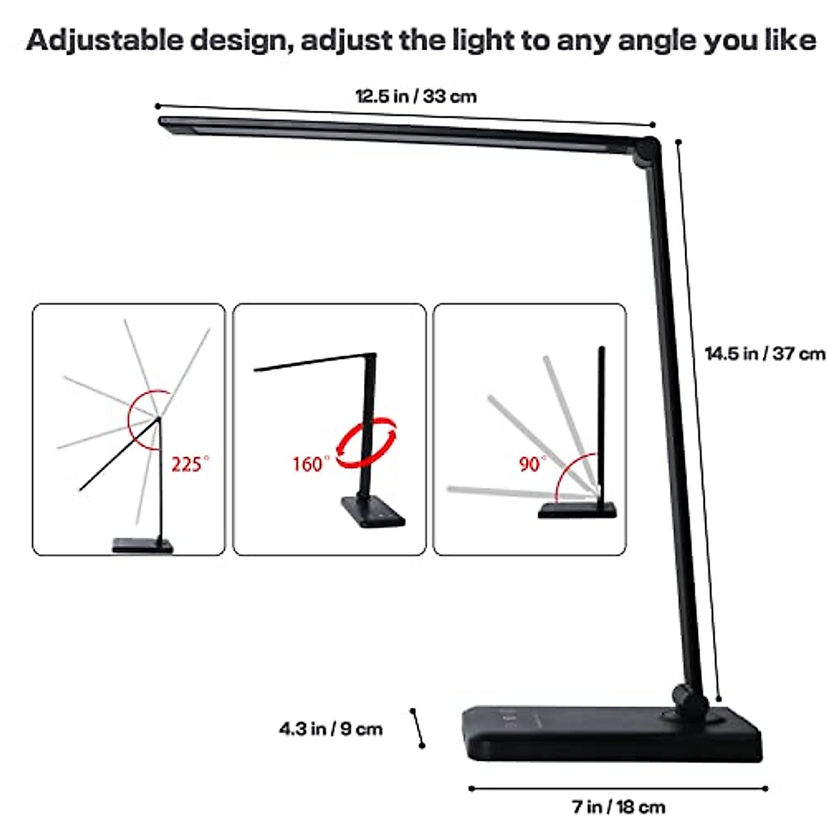 Kitys Fatch LED Touch Sensing Desk Lamp with USB Charging Port, 5 Lighting Modes, 5 Levels of Brightness, 30/60 Minutes Auto Timer, Foldable Desk Lamp for Bedroom, Study Room, (Black)