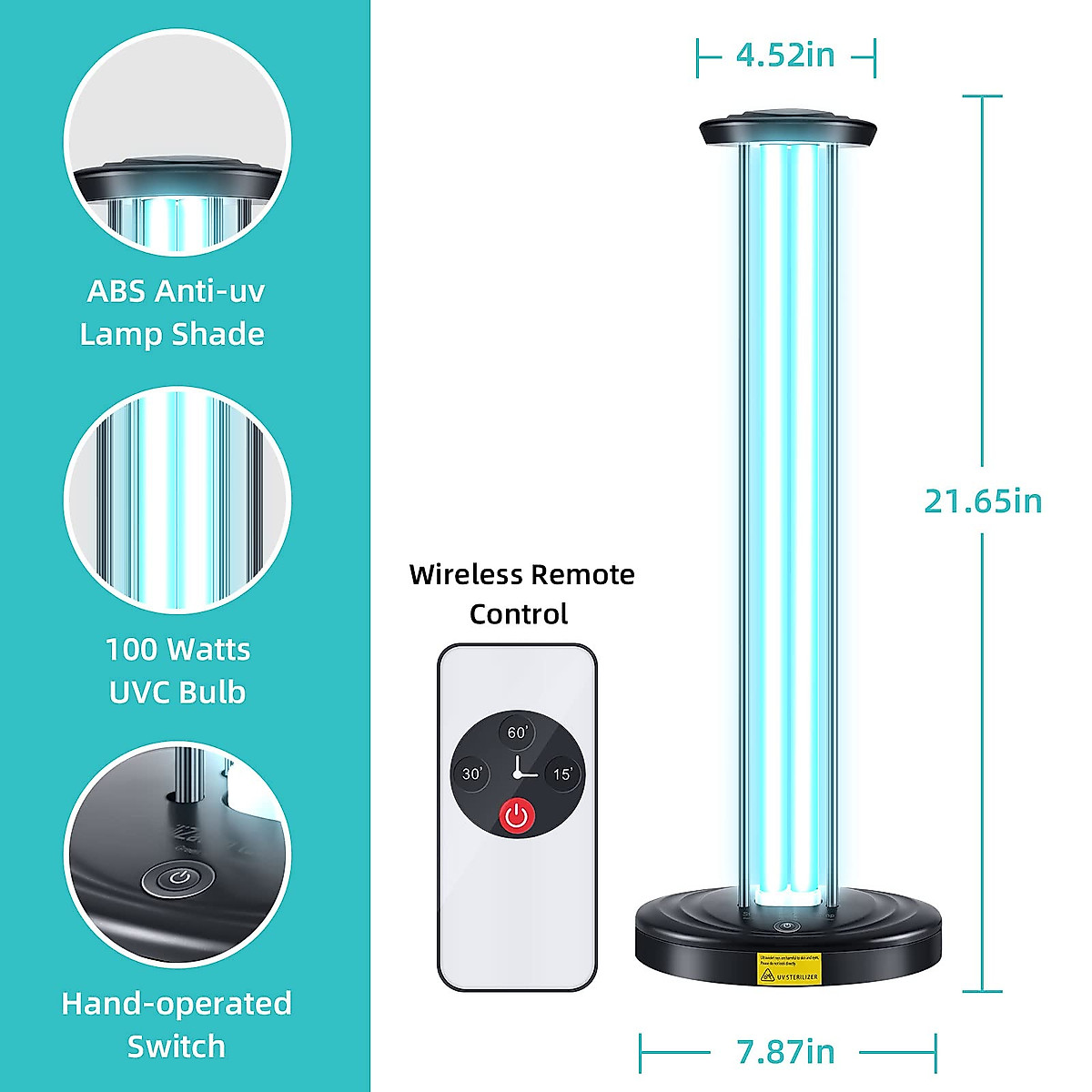 JTAPURE Ultraviolet Lamp, 100W Ozone Free UV Light Purifier for Large Room, with Three-Step Timing Remote Control, Blue Light, Up to 99.9% Purification for Bathroom, Bedroom, Toilet