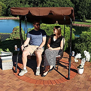 Sunnydaze 2-Seater Outdoor Rattan Patio Swing with Adjustable Tilt Canopy, Striped 2 Pillows and Seat Cushion, Brown