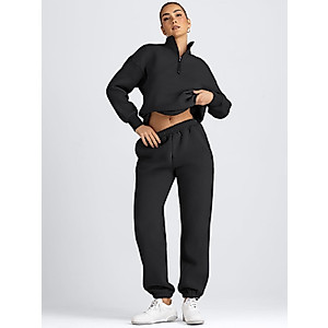 AUTOMET Women's Sweatsuits 2 Piece Outfits Long Sleeve Half Zip Pullover and Baggy Sweatpants with Pockets Black M