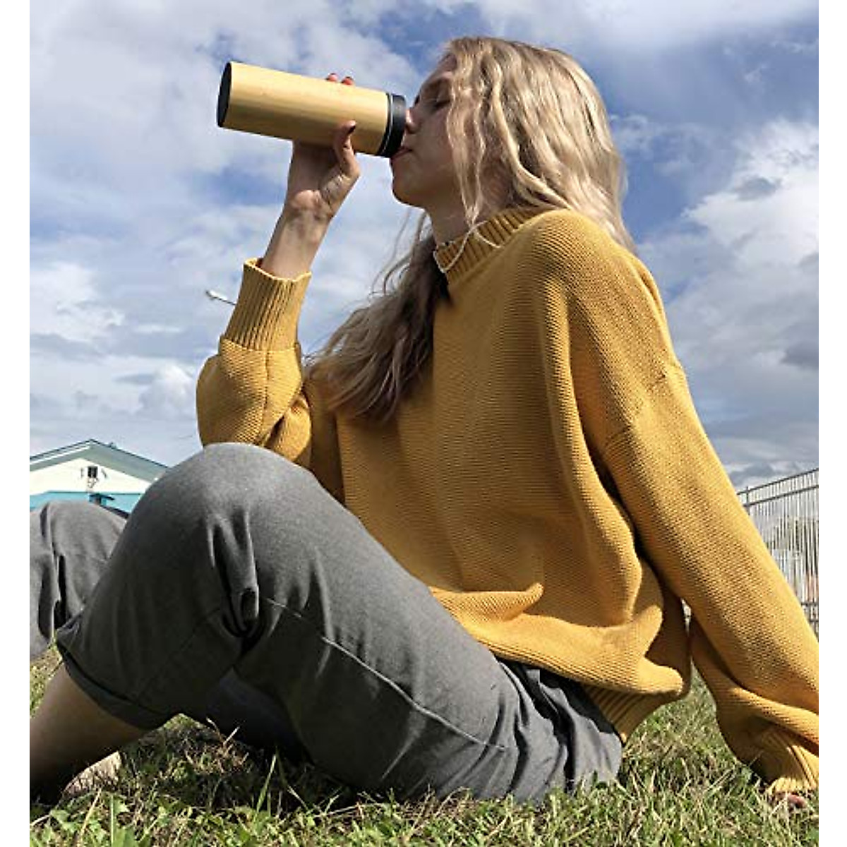 Santai Living Click Open Vacuum Insulated Travel Mug - Bamboo & Double Walled Stainless Steel Thermo Flask 14oz/400ml