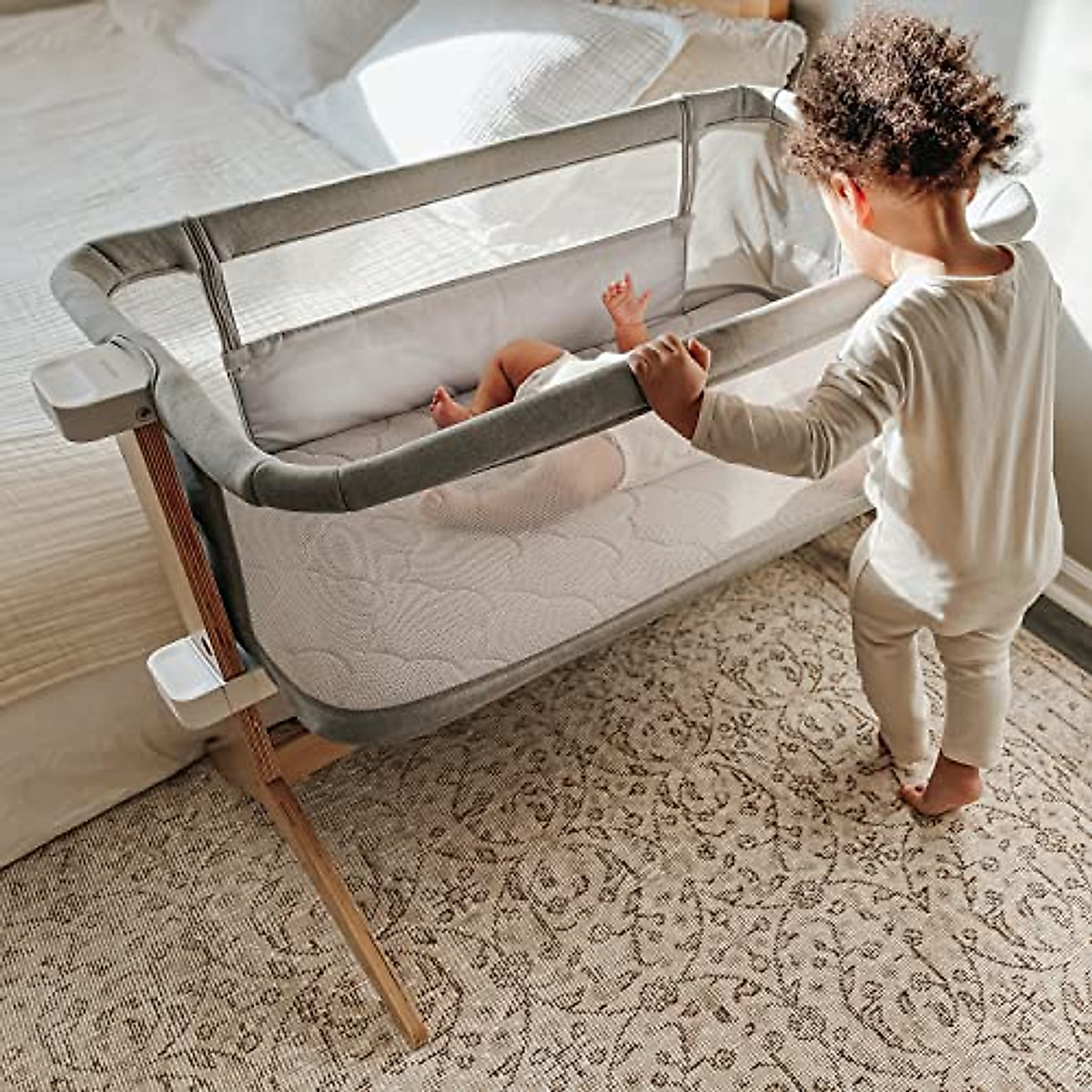 Newton Baby Bassinet & Bedside Sleeper with Mattress & Sheet - 100% Breathable & Washable, Removable Dual-Layer Cover | Solid Birch Frame Adjustable Height & Infant Access Opening | Bedside Bassinet