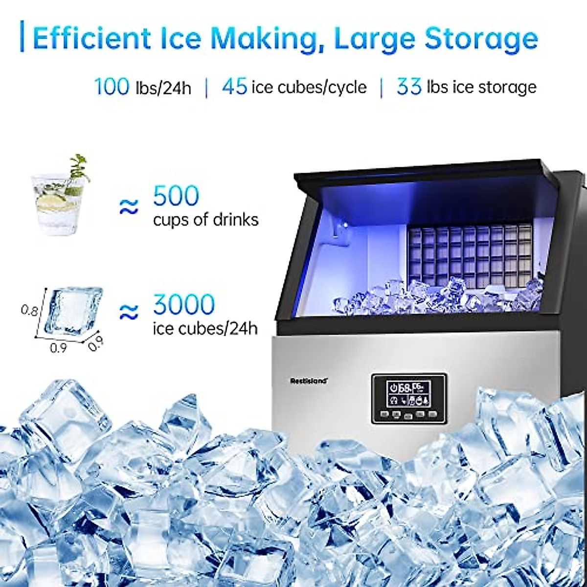 RESTISLAND Commercial Ice Maker Machine, 100 lbs /24 h, 33 lbs Storage Bin, Stainless Steel, Compact, Embedded, Self-Cleaning, Perfect for Home/Office/Shop/Cafe, Includes Ice Scoop, Connection Hose