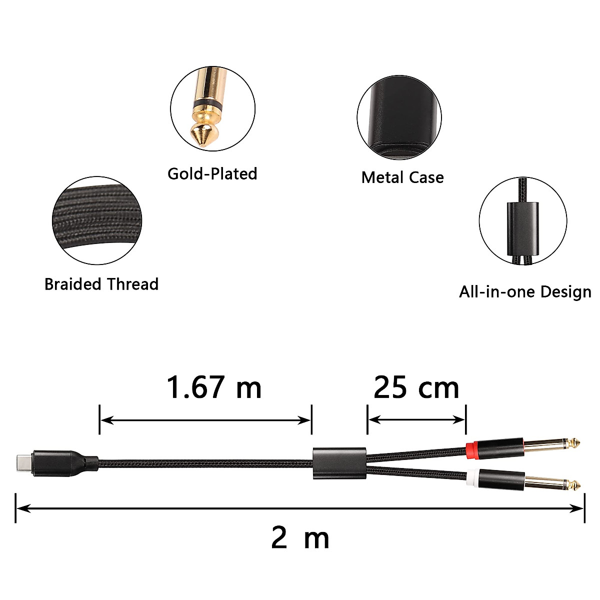 CERRXIAN 6.56ft USB C to Dual 6.35mm TRS Stereo Cable, USB C to 1/4 inch Audio Cable, USB Type C Male to 2X 6.35mm Mono Male AUX Y Splitter Cable for Tablet, Laptop,Phone,Amplifier(6.35-C)