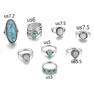 Octwine 8 Pcs Bohemian Silver Statement Knuckle Carved Rings Set Oval Green Turquoise Finger Ring Opal Midi Silver Rings Punk Ring Jewelry for Women