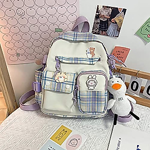 NCDUANSAN Kawaii Schoolbag Student Backpack Plaid Casual Nylon Fresh and Sweet Cute Girl Portable Backpack with Pendant(Purple)